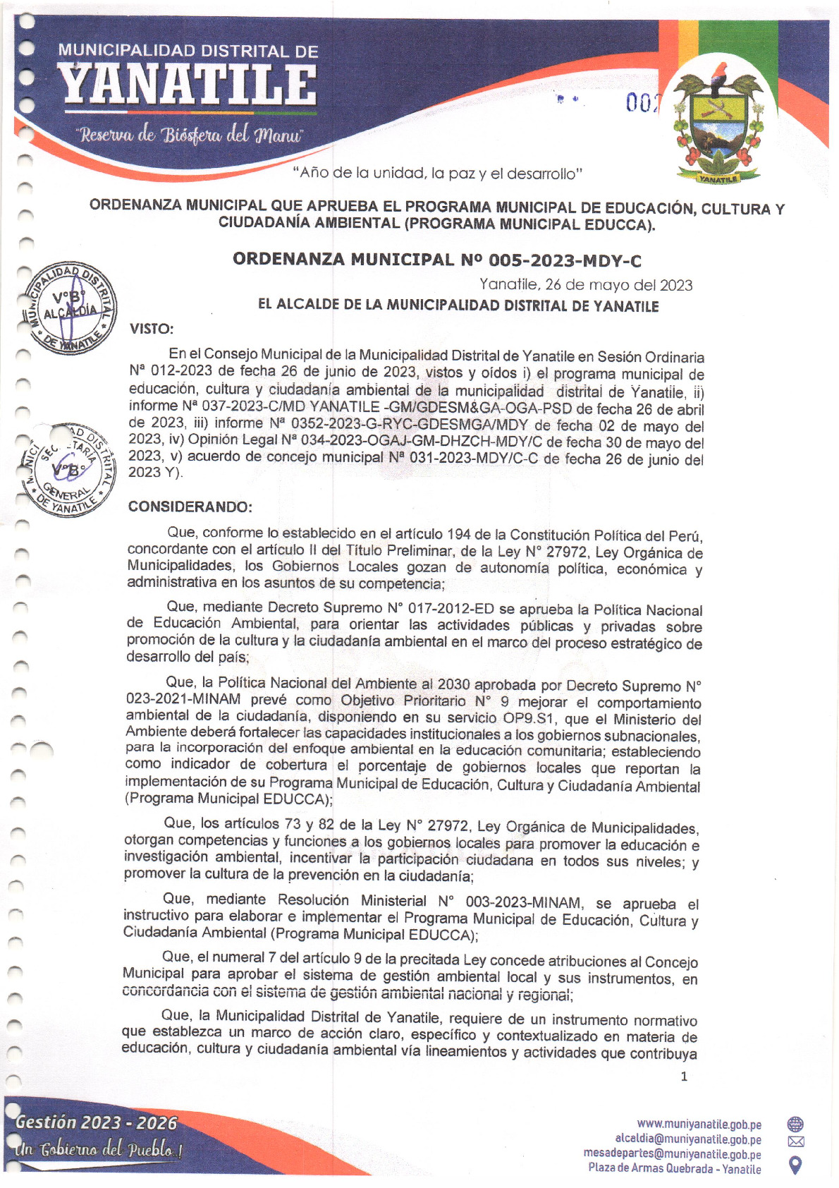 Programa Municipal de Educación, Cultura y Ciudadanía Ambiental de la Municipalidad Distrital de ...